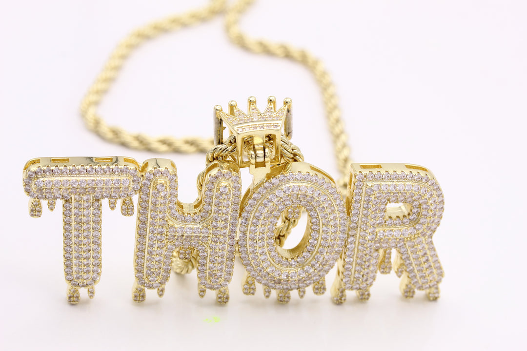 Custom Drip Letter Name Pendant Rope Chain Necklace Set 14K Gold Fille ...